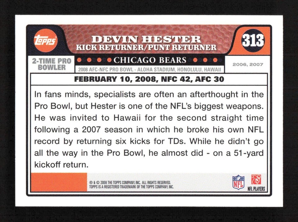 2008 Topps Football NFC Pro Bowl Kick Returner Devin Hester #313 ...