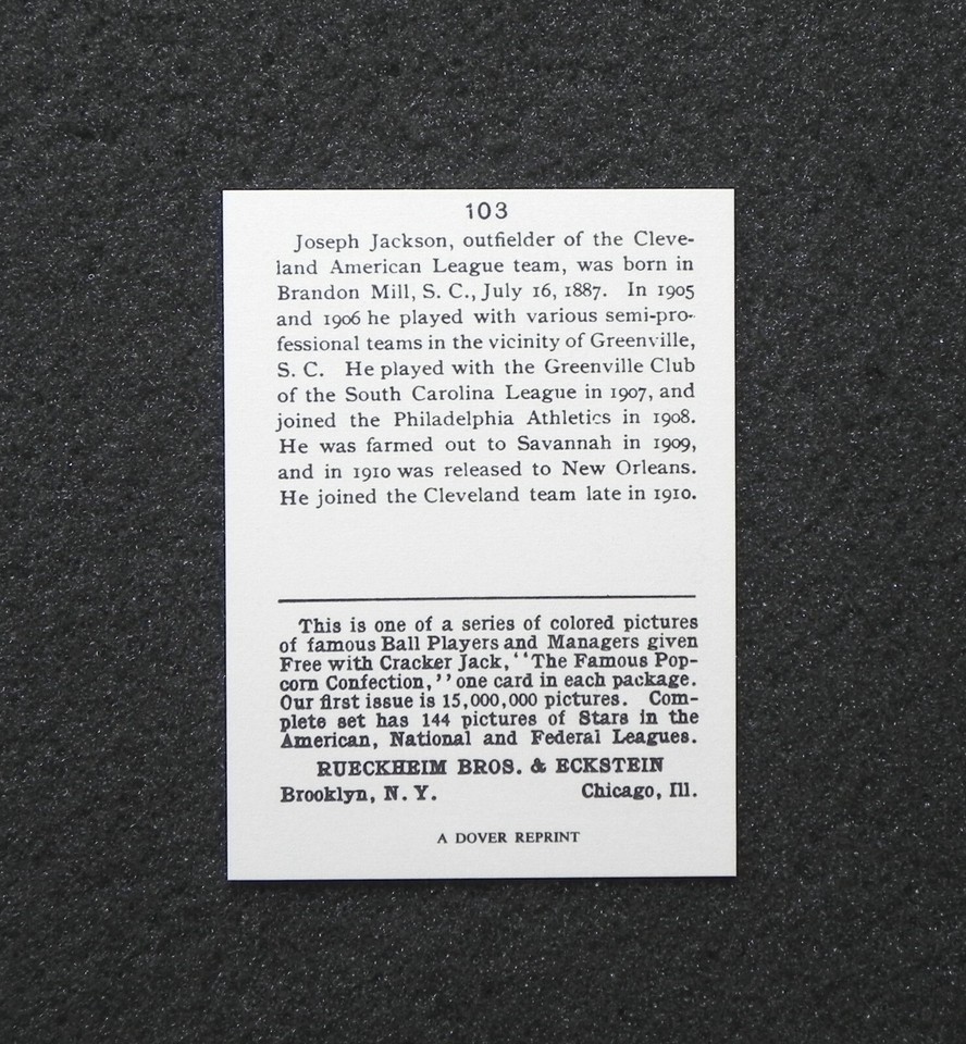 JOE JACKSON Dover Reprint of 1915 Cracker Jack Card #103 _ EXACT CARD ...