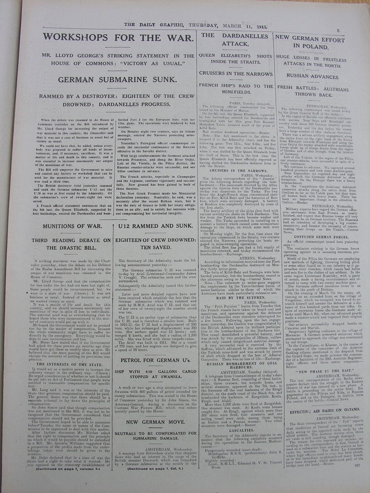1915 DAILY GRAPHIC March 11 HMS Ariel SM U-12 Flowery Land Pirates ...