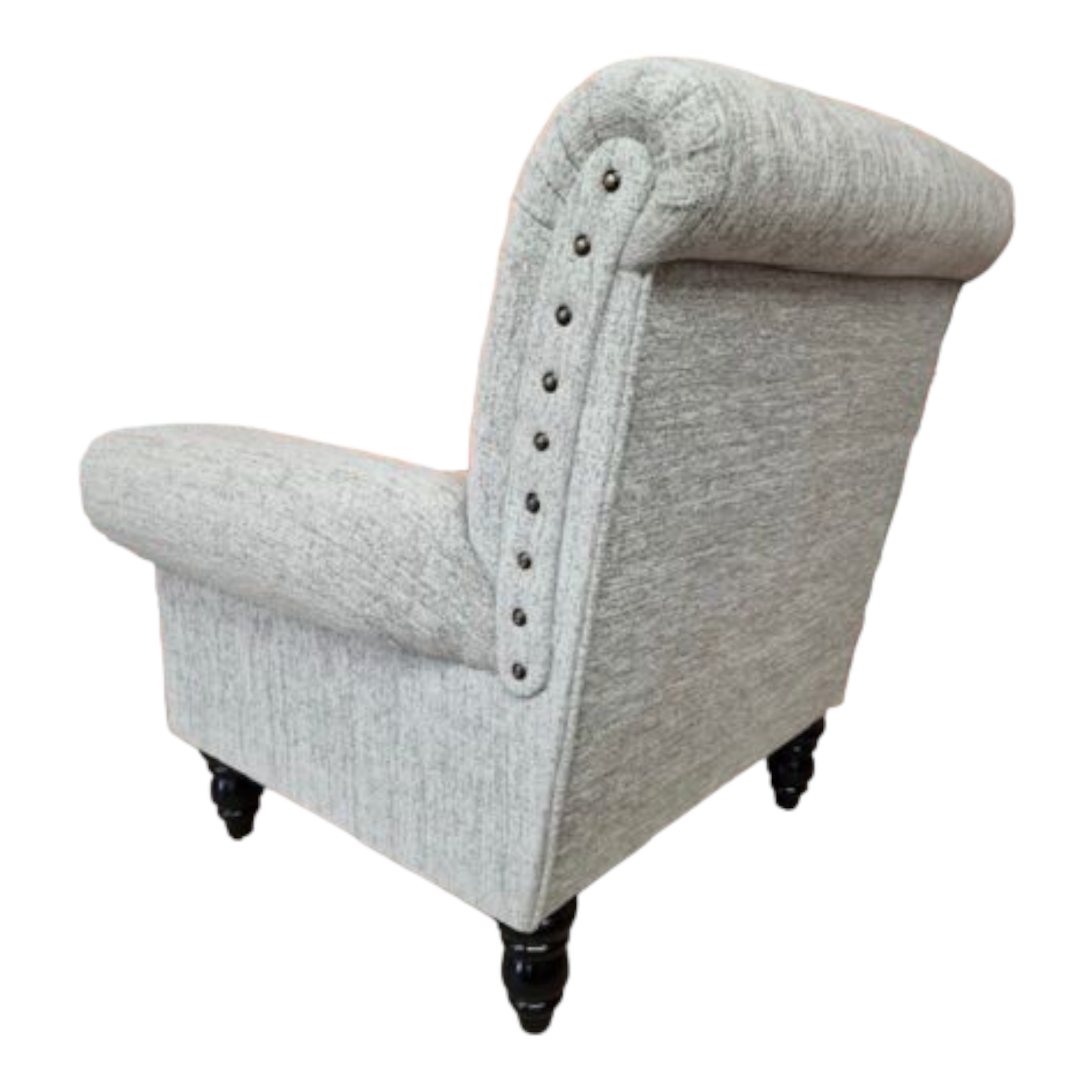 Arm Chair with Roll Top - Grey Chenille Fabric with Large Brass Stud ...