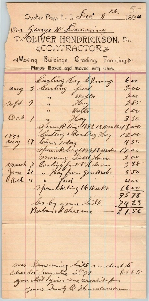 Oyster Bay, L.I. NY Billhead Letterhead 1894 Oliver Hendrickson ...