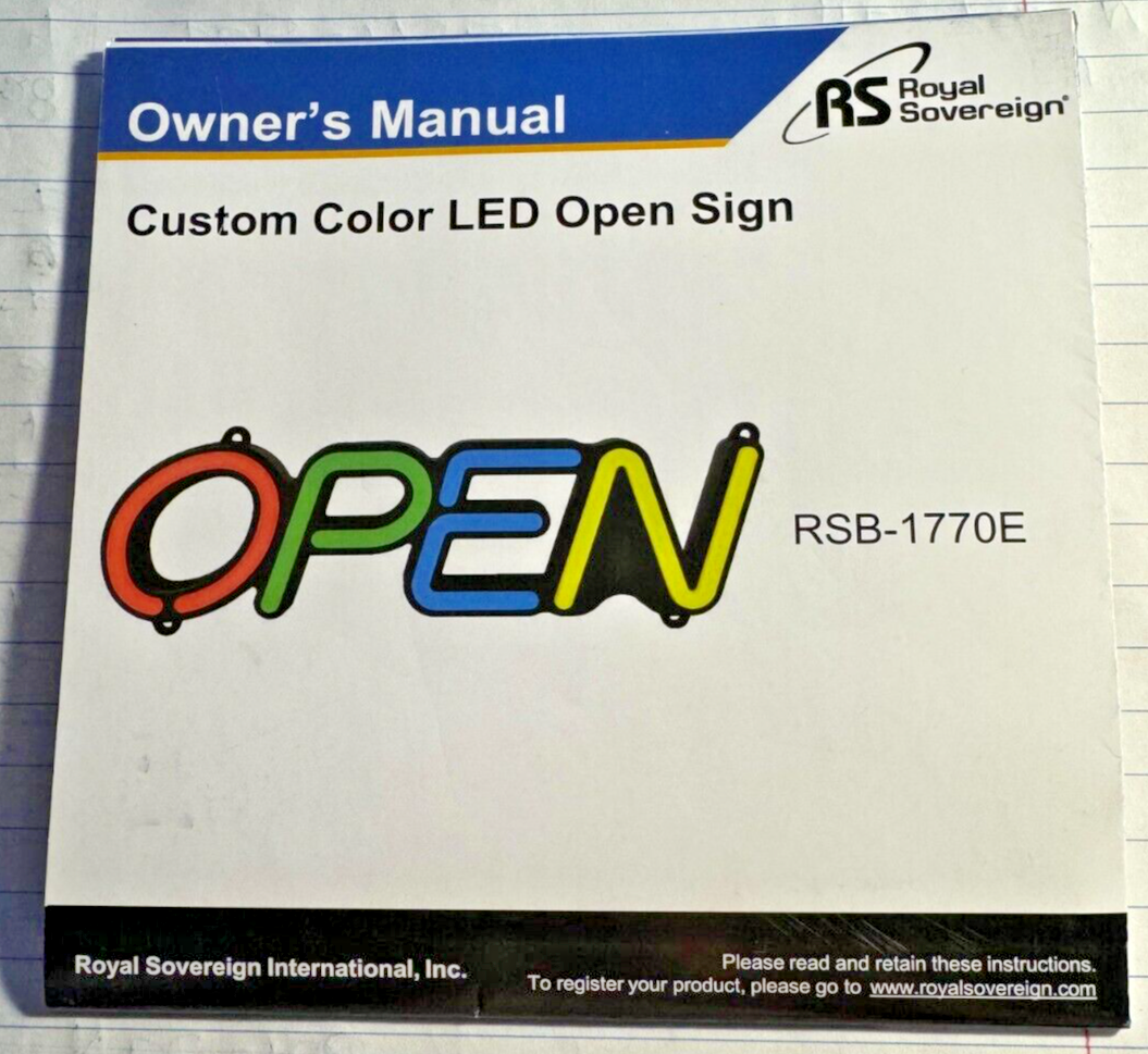 OWNER’S MANUAL - ROYAL SOVEREIGN RSB-1770E CUSTOM COLOR LED OPEN SIGN ...