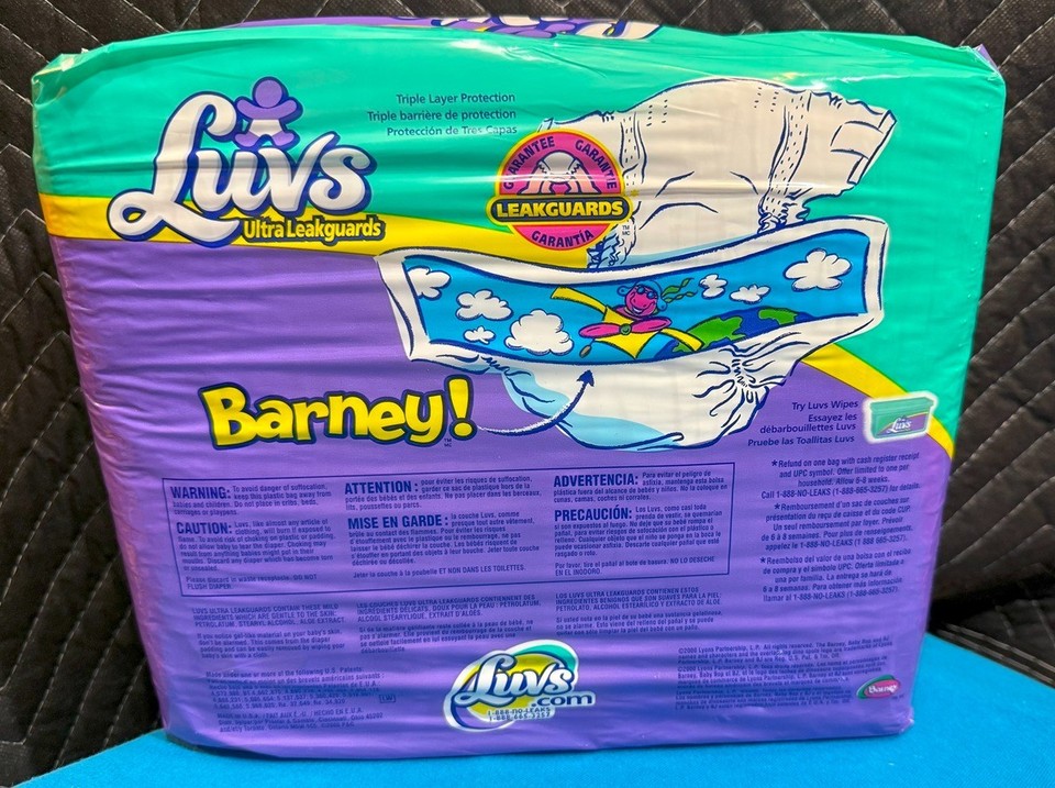 Vintage Luvs PLASTIC BACKED Diapers Size 5 Barney Jumbo Pack of 38 ...