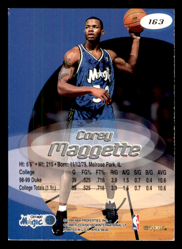 1999 SkyBox Apex Corey Maggette RC #163 Orlando Magic | eBay