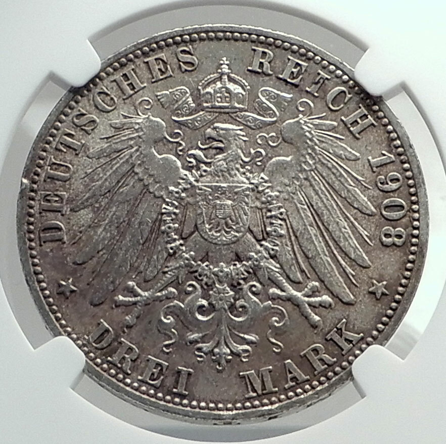 1908 GERMANY German States BAVARIA King OTTO Silver 3 Mark Coin NGC MS ...
