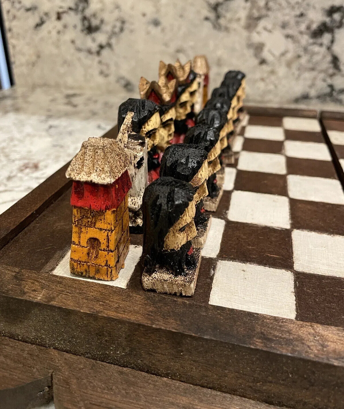 Vintage Hand Carved And Hand Painted Colonial Style Chess Set Folk Art ...
