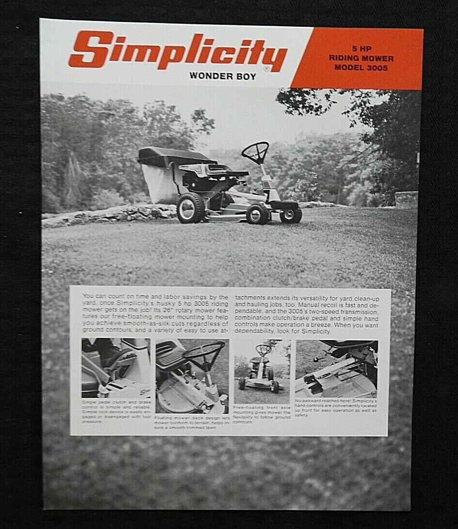 1970's SIMPLICITY "WONDER BOY" 5 hp RIDING MOWER TRACTOR SALES BROCHURE ...
