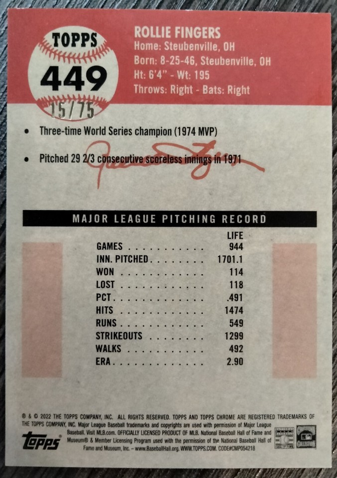 2022 Topps Chrome Platinum Anniversary Rollie Fingers ROSE GOLD MINI ...