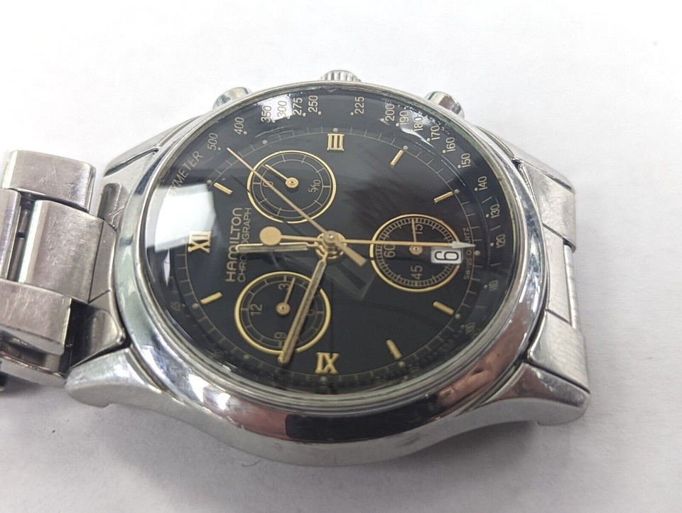 Vintage Mens Stainless Hamilton Chronograph Tachymeter Date Dial Black ...