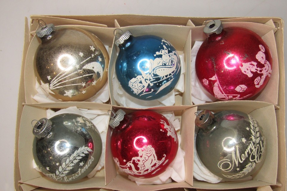 Lot VTG Glass Pictured Mica MOON SATURN SANTA TOYS BALL Christmas ...