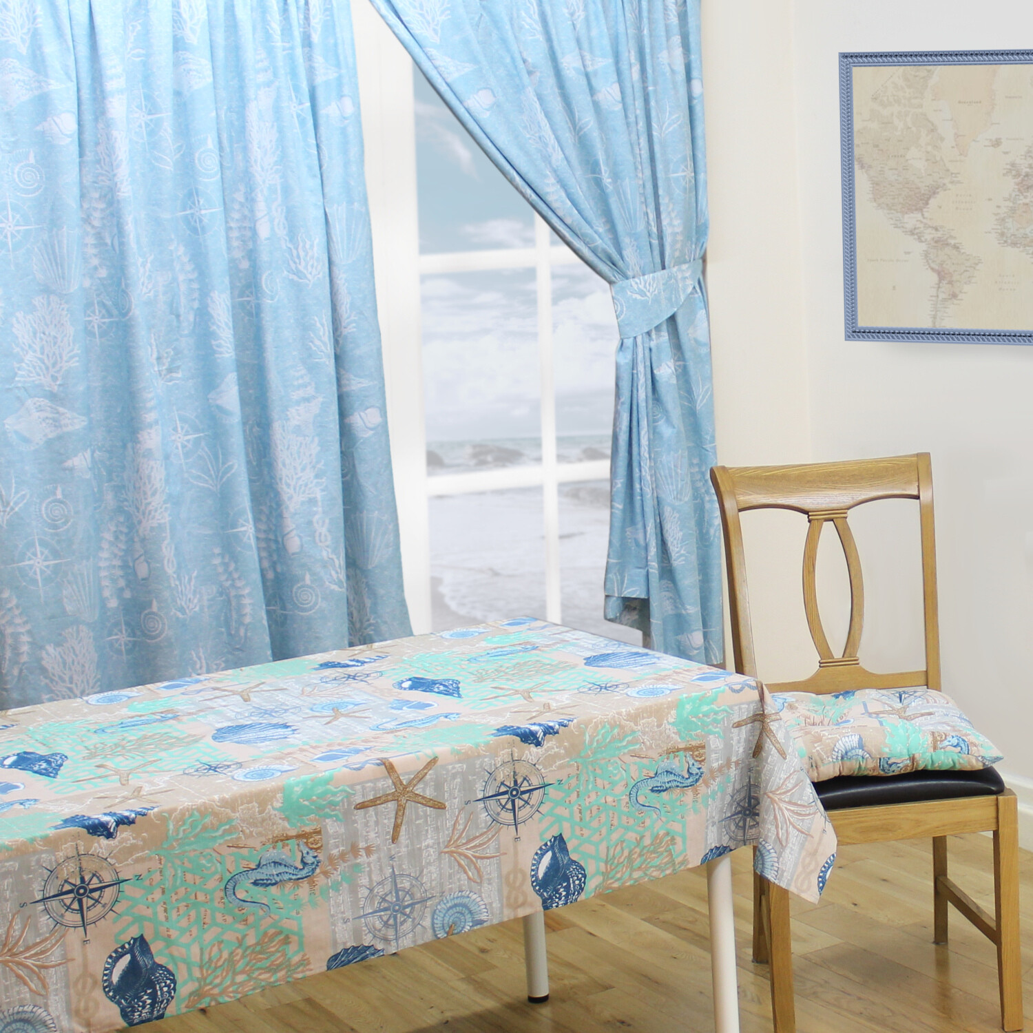 COASTAL MULTI TABLE CLOTHS NAUTICAL STAR FISH SEA SHELL COMPASS BLUE ...
