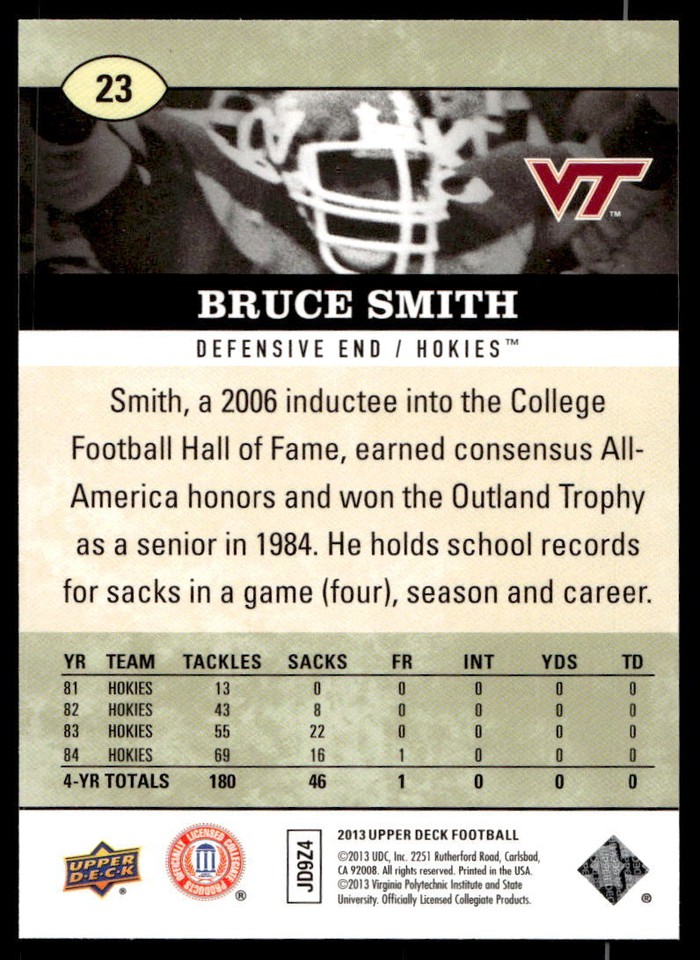2013 Upper Deck 23 Bruce Smith Virginia Tech Hokies Football Card | eBay