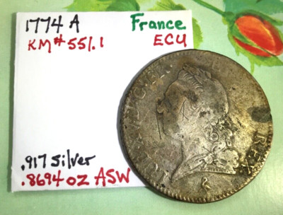 250 Year Old French Colonial ☆ 1774 ECU Silver Coin ☆ VERY FINE DETAILS ...