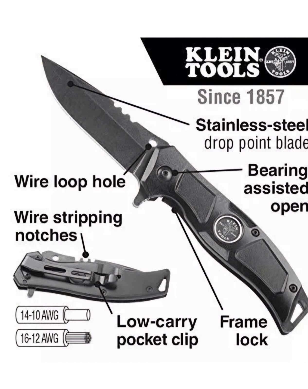 Klein Tools 44228 Electrician's Pocket Knife with Stainless Steel Blade ...