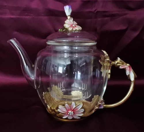 Enamel Glass Flower Teapot 35 oz. w/Removable Tea Leaf Infuser NIB | eBay