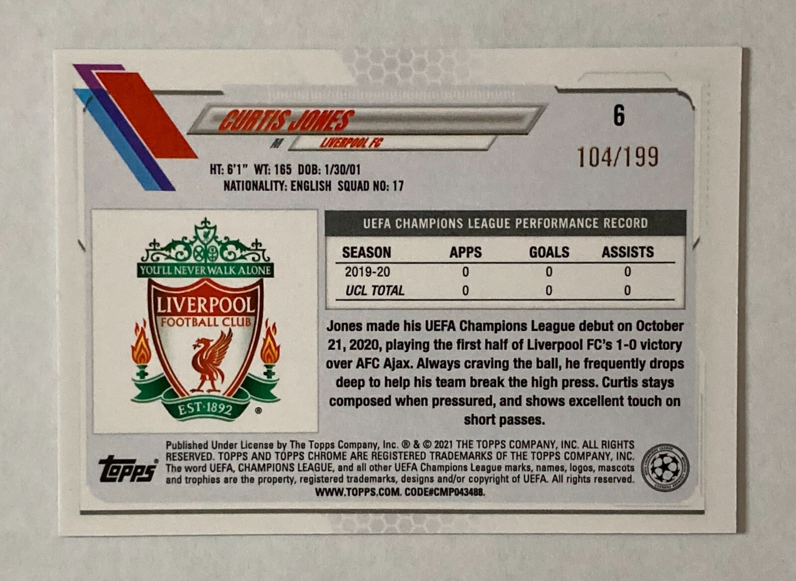 2020-21 Topps Chrome UEFA Curtis Jones Aqua Wave Refractor /199 Rookie ...