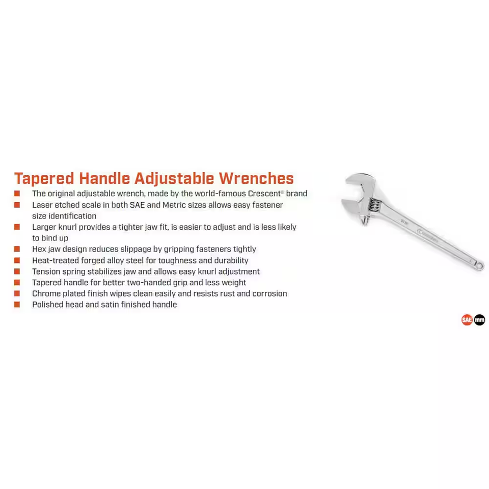 Crescent 18 In Adjustable Wrench Single Open End Tapered Handle Steel ...