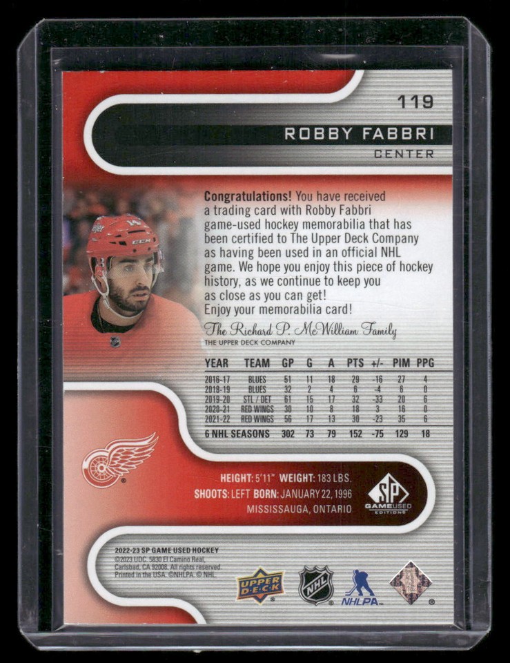 2022-23 SP Game Used Robby Fabbri Red Jersey MEM #119 Card | eBay