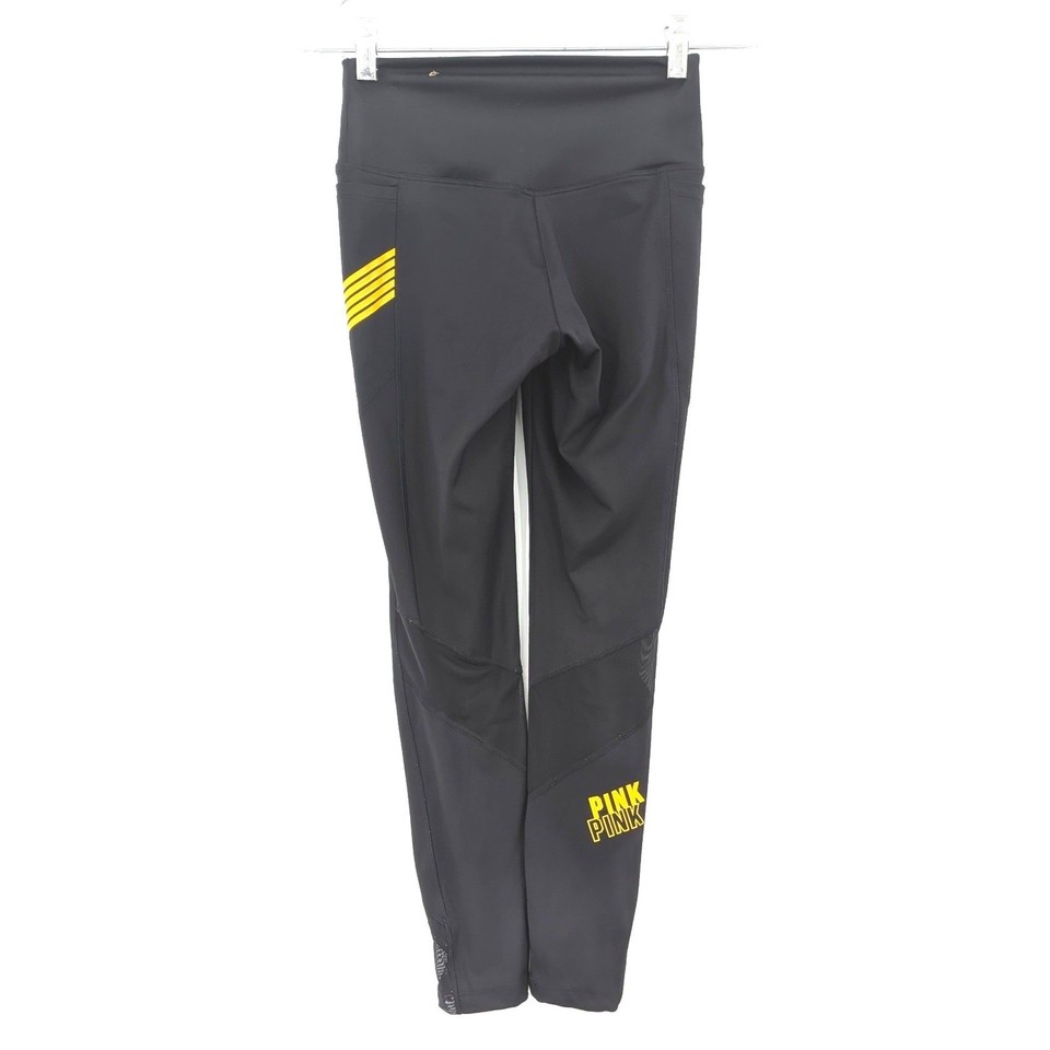 Victoria's Secret PINK Leggings XS Black Yellow Logo Athleisure Gym | eBay