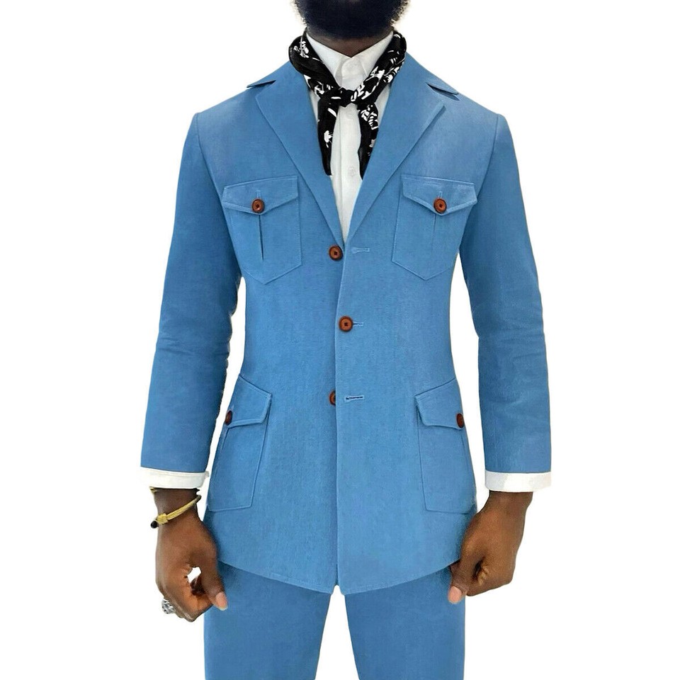Vintage Blue Denim Men's Suits Casual 2 Pieces Retro Outfits Party ...