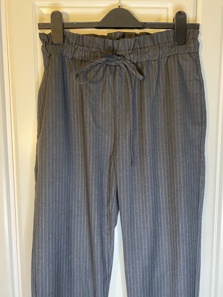 Pull & Bear Grey Pinstripe Paper Bag Trousers With Side Pockets, Size ...