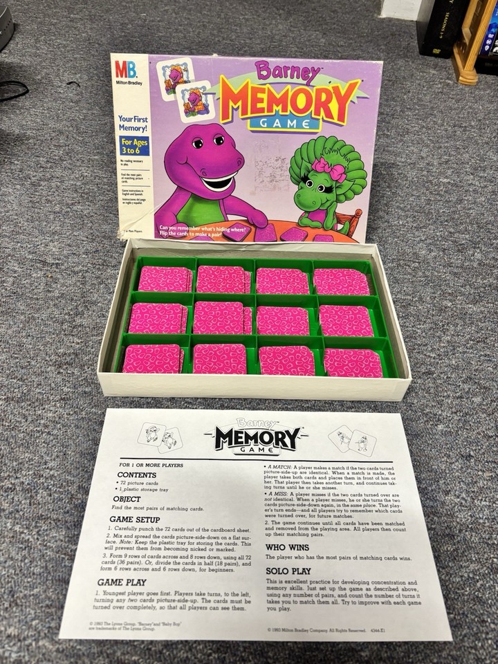 Barney Memory Game Baby Bop 1993 100% Complete 72 Cards Milton Bradley ...