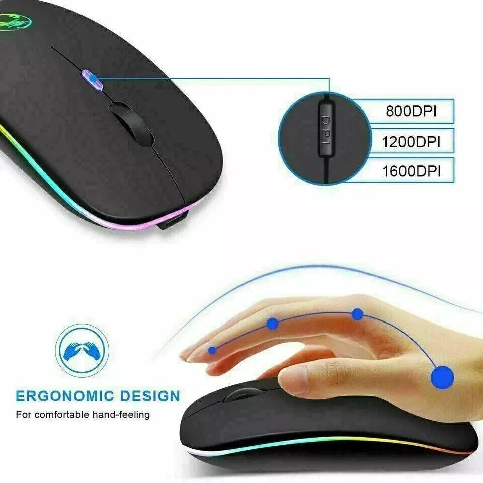 RGB LED Wireless Mouse Rechargeable Optical Silent Mice USB For PC ...
