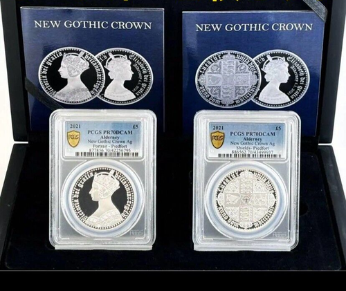 2021 New Gothic Crown Alderney Piedfort PR70 Set of 2 £5 Coin Silver ...