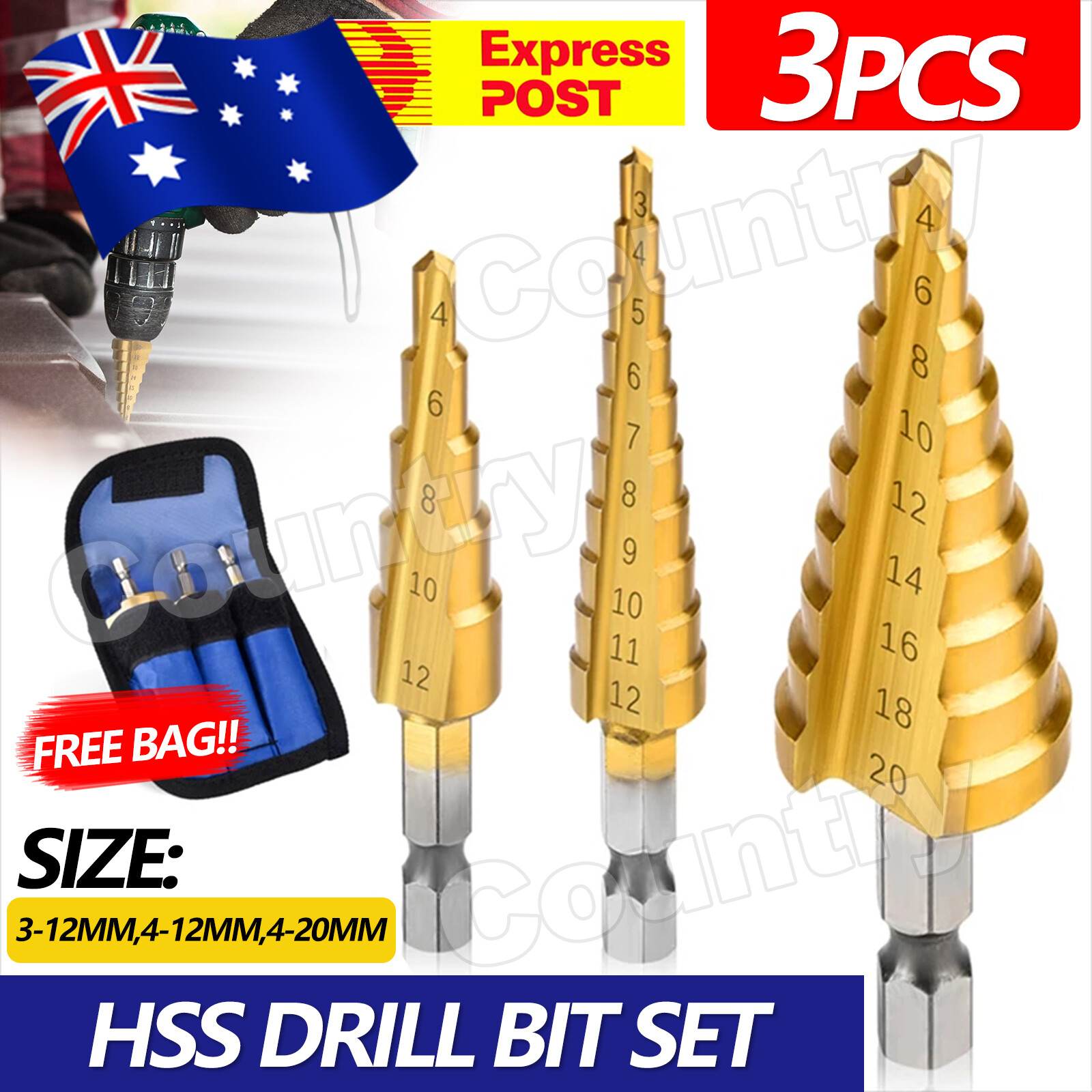 Large 3pcs Steel Step Cone Drill Titanium Bit Set Hole Cutter 3/12mm 4 ...