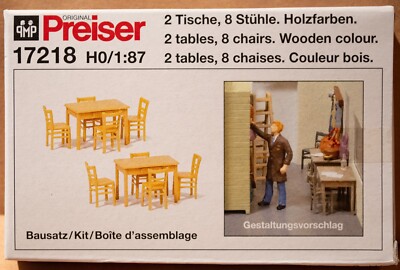 Preiser HO #17218 Table & Chairs -- 2 Tables & 8 Chairs (natural wood ...