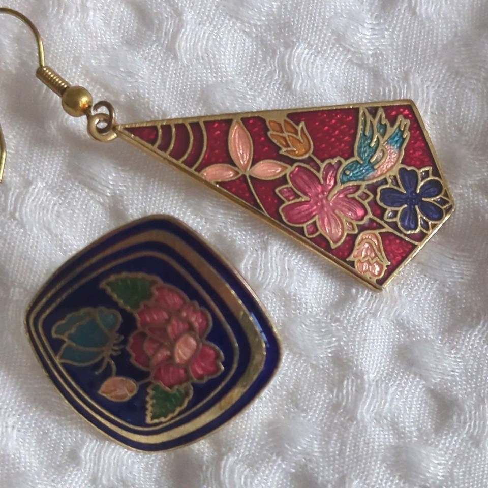Vintage Signed Fish and Crown Cloisonne X2 Odd Earrings plus other ...