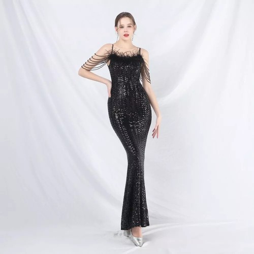 Robe Élégante Longue Noire Avec Strass Traîne Soirée Sirène Fente 08767 ...