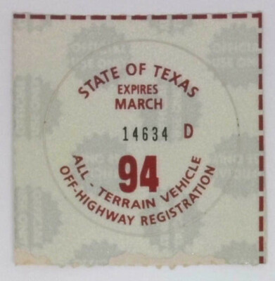 1994 Texas ATV License Plate Decal Sticker Inspection Permit ...