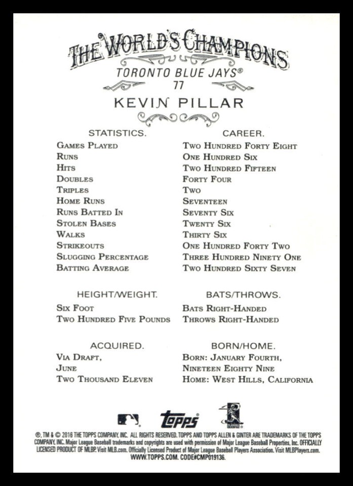 2016 Topps Allen & Ginter 77 Kevin Pillar Toronto Blue Jays Baseball ...