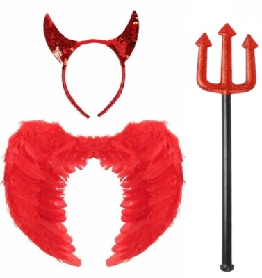 Red Devil Fork Trident+Wings+Sequin Horns Halloween Costume Fancy Dress ...