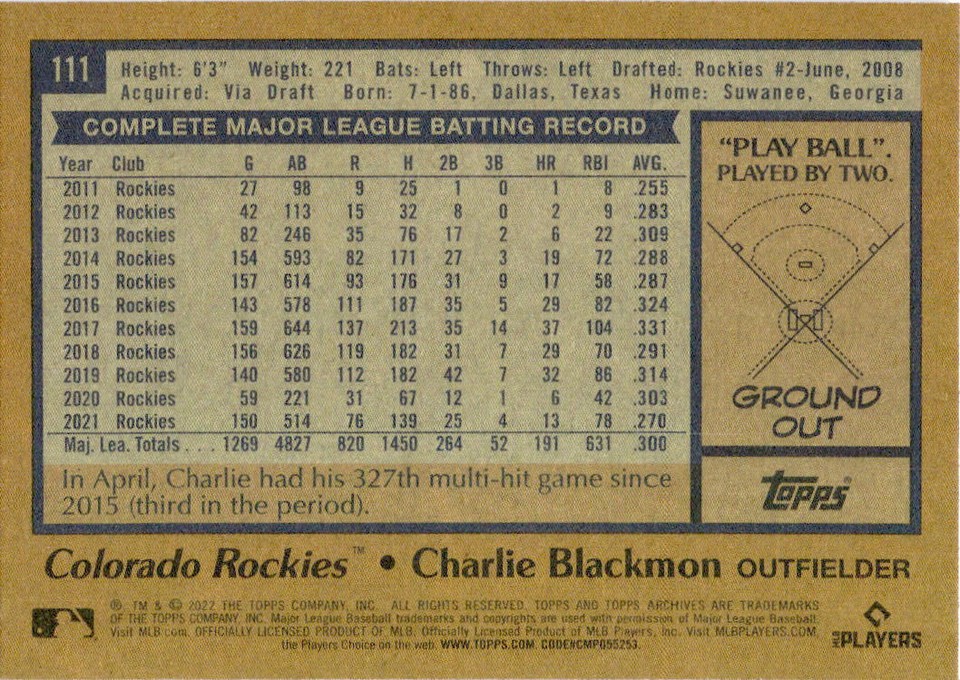 2022 Topps Archives #111 Charlie Blackmon | eBay