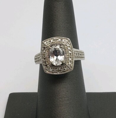 SIGNED DL STERLING SILVER AND CLEAR CZ CENTER STONE AND DIA ACCENTED ...