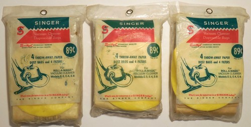 12 Vintage SINGER Vacuum Cleaner Bags & Filters ROLL-A-MAGIC Models E3 ...