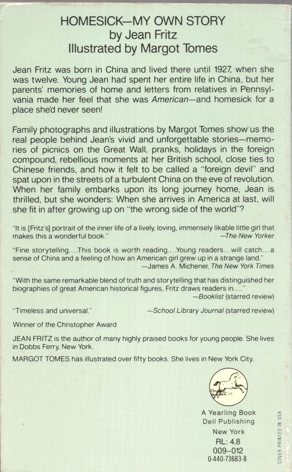 HOMESICK MY OWN STORY by JEAN FRITZ Dell Yearling PB 1982 1987 4th | eBay