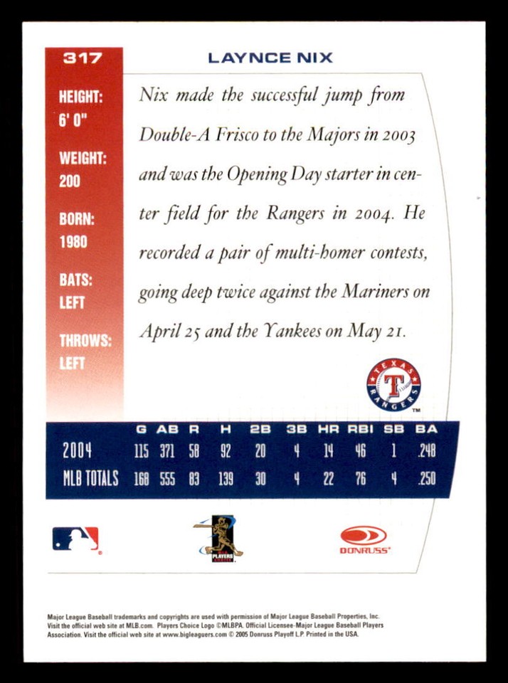 2005 Donruss Team Heroes #317 Laynce Nix Texas Rangers | eBay