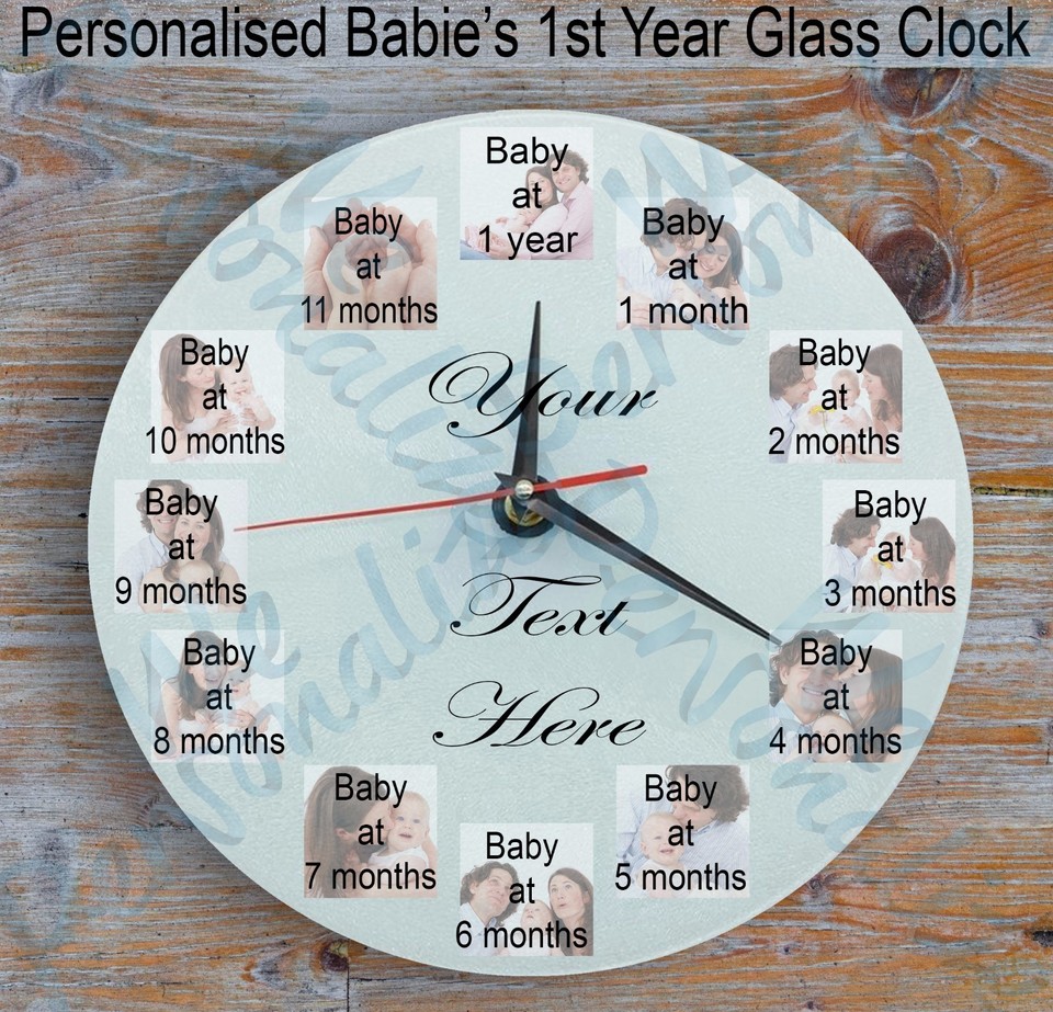 Personalised wall glass clock with 12 photos text birthday Wedding Gift ...
