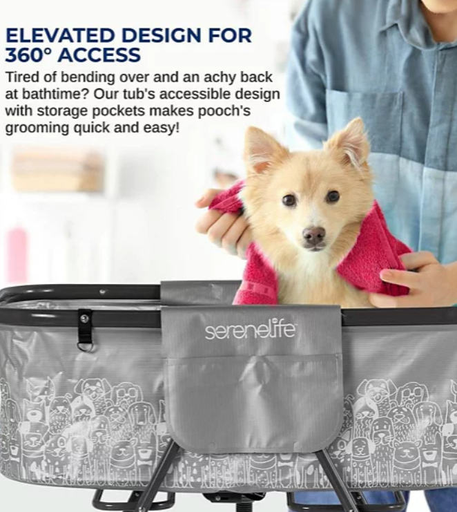 SereneLife Portable Dog Bath Tub w/ Two Side Pocket & Drain System ...