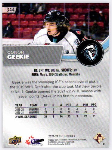 Conor Geekie Rookie - 2021-22 Upper Deck CHL Stars #344 (RC) Tampa Bay ...