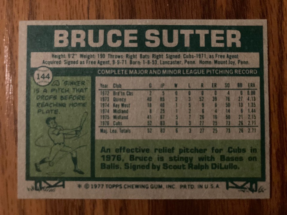 1977 Topps #144 Bruce Sutter RC Chicago Cubs Rookie (NRMT) Centered | eBay