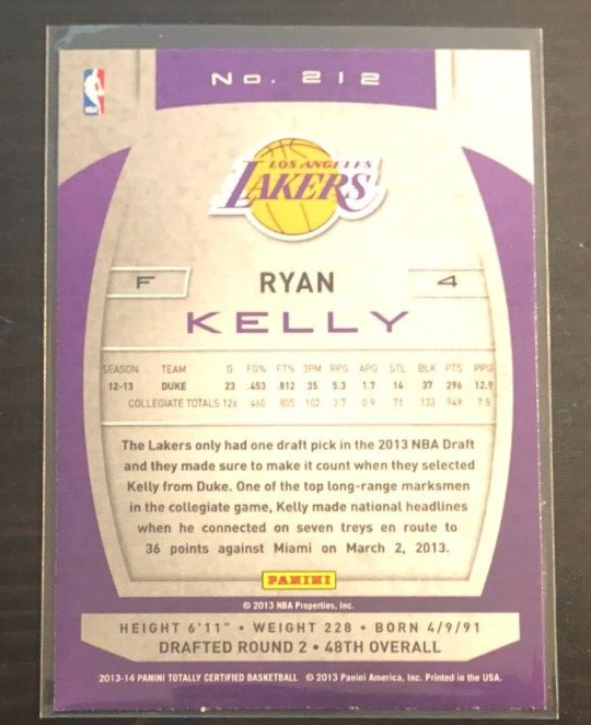 2013-14 Panini Totally Certified RYAN KELLY Rookie Card RC #212 Lakers ...