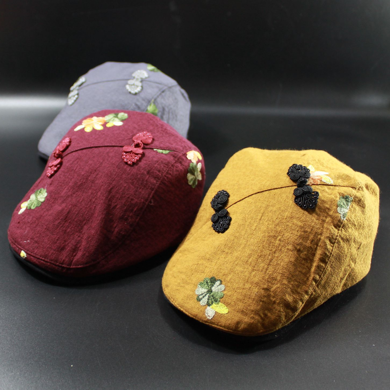 Chinese Style Floral Embroidery Beret Hat Ethnic Newsboy Flat Cap Retro ...