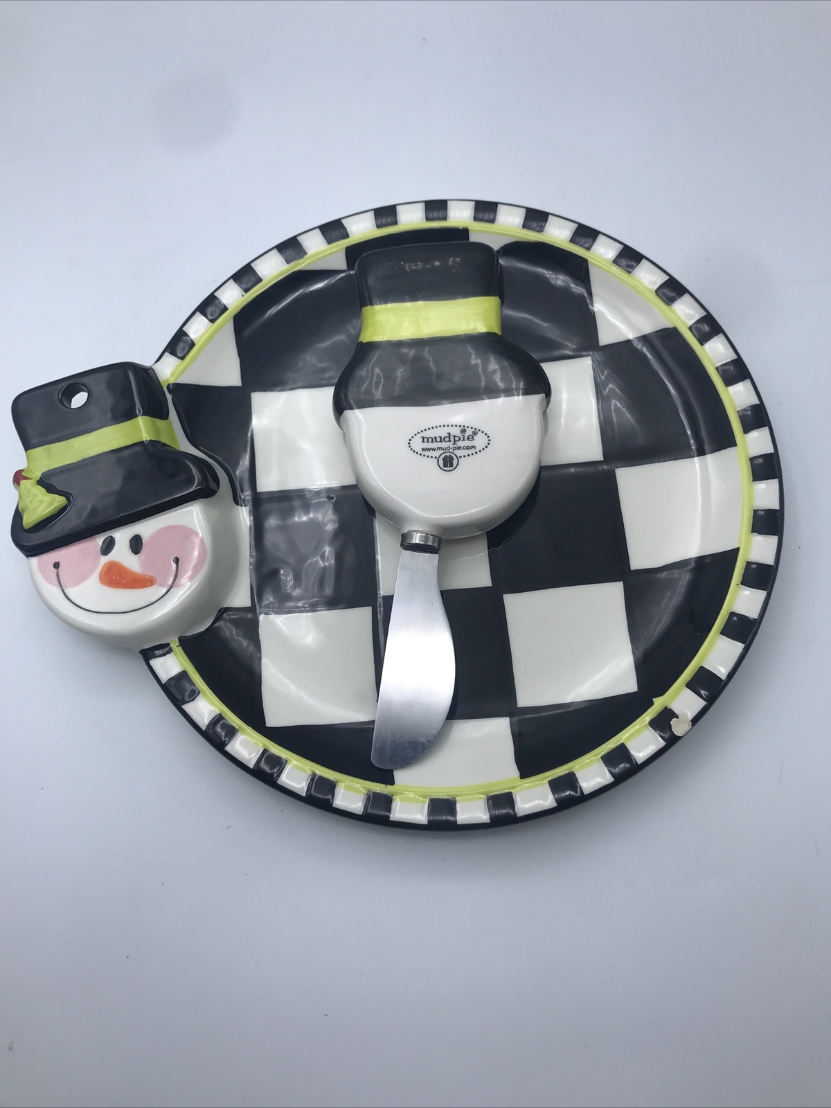 Mud Pie | Black & White Checkerboard Snowman Dessert Plate 8in With ...