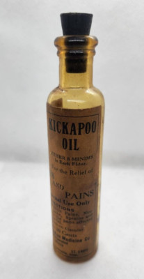 Antique 1890’s Kickapoo Oil Honey Amber Glass Bottle with Label Indian ...