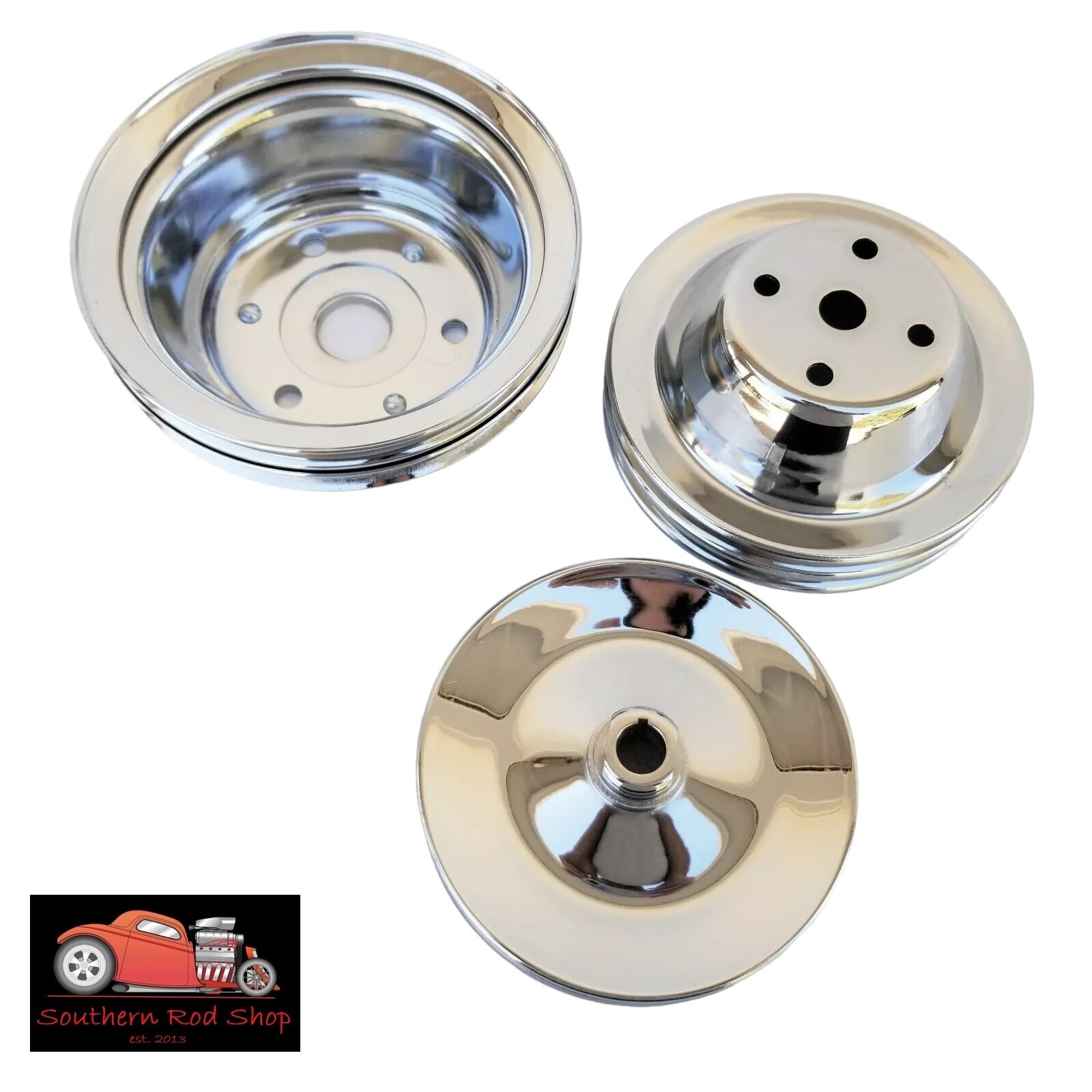 Small Block Chevy Chrome 3 Pulley Set SBC 2 groove LONG pump 283 305 ...