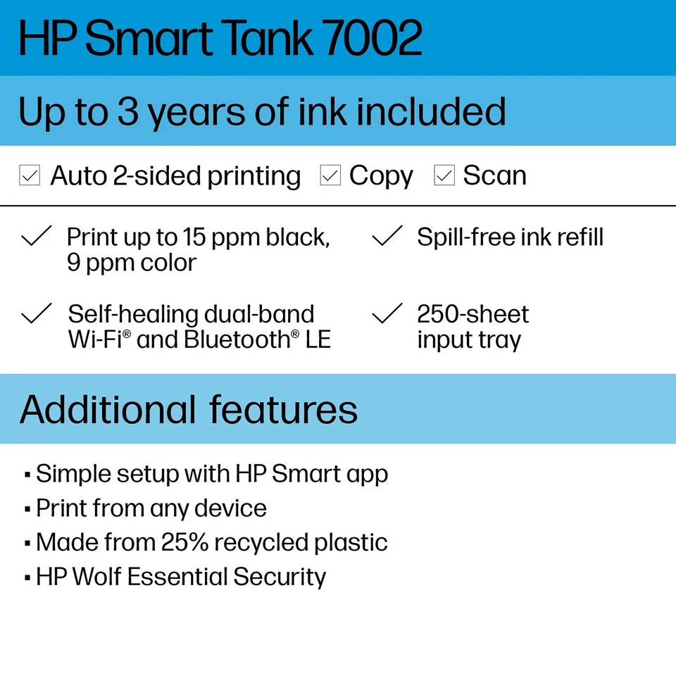 HP 7002 Smart Tank All-in-One Inkjet Printer, | eBay